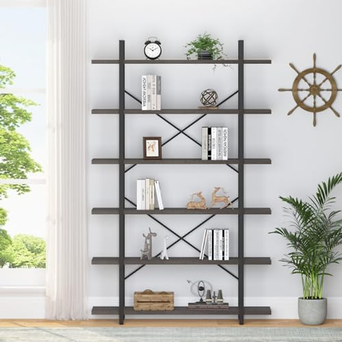 HSH Industrial Tall Bookshelf, Large Vertical Wood and Metal 6 Tier Book Shelf, Open 6 Shelf Bookcase for Bedroom Living Room Office, Vintage Display Storage Bookshelves and Bookcases, Dark Gray Oak
