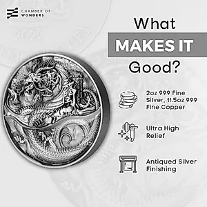 2022 Chamber of Wonders Ao Run/White Dragon 2 oz 999 Fine Silver Coin 10000 Francs Chad 2022 Antiqued Ultra-High Relief
