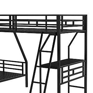 SZUBEE Twin-Over-Full Metal L-Shaped Triple Bunk Bed with a Twin Size Loft Bed & Desk, Space Saving Bedroom Furniture for Kids Teens, Black