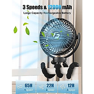 Stroller Fan, 12000mAh Rechargeable Fan Portable, Battery Operated Fan, Baby Car Seat Fan with Timming, Low Noise, Flexible Tripod, Personal Small Fans For Stroller, Office, Beach, Bed, Camping