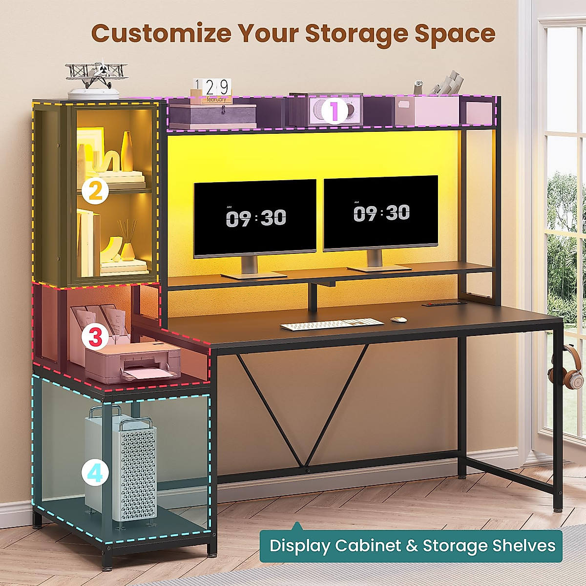 SEDETA Gaming Desk, 60'' Gaming Desk with Hutch and LED Lights, Computer Desk with Storage Shelves, Large PC Gamer Desk with Display Cabinet, Monitor Stand, Power Outlet for Home Office, Black