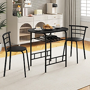 Giantex 3 Piece Dining Set Compact 2 Chairs and Table Set with Metal Frame and Shelf Storage Bistro Pub Breakfast Space Saving for Apartment and Kitchen (Black)