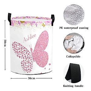 Personalized Laundry Basket, Pink Confetti Butterfly Custom Storage Bins Laundry Hamper with Name Collapsible Toys Organizer