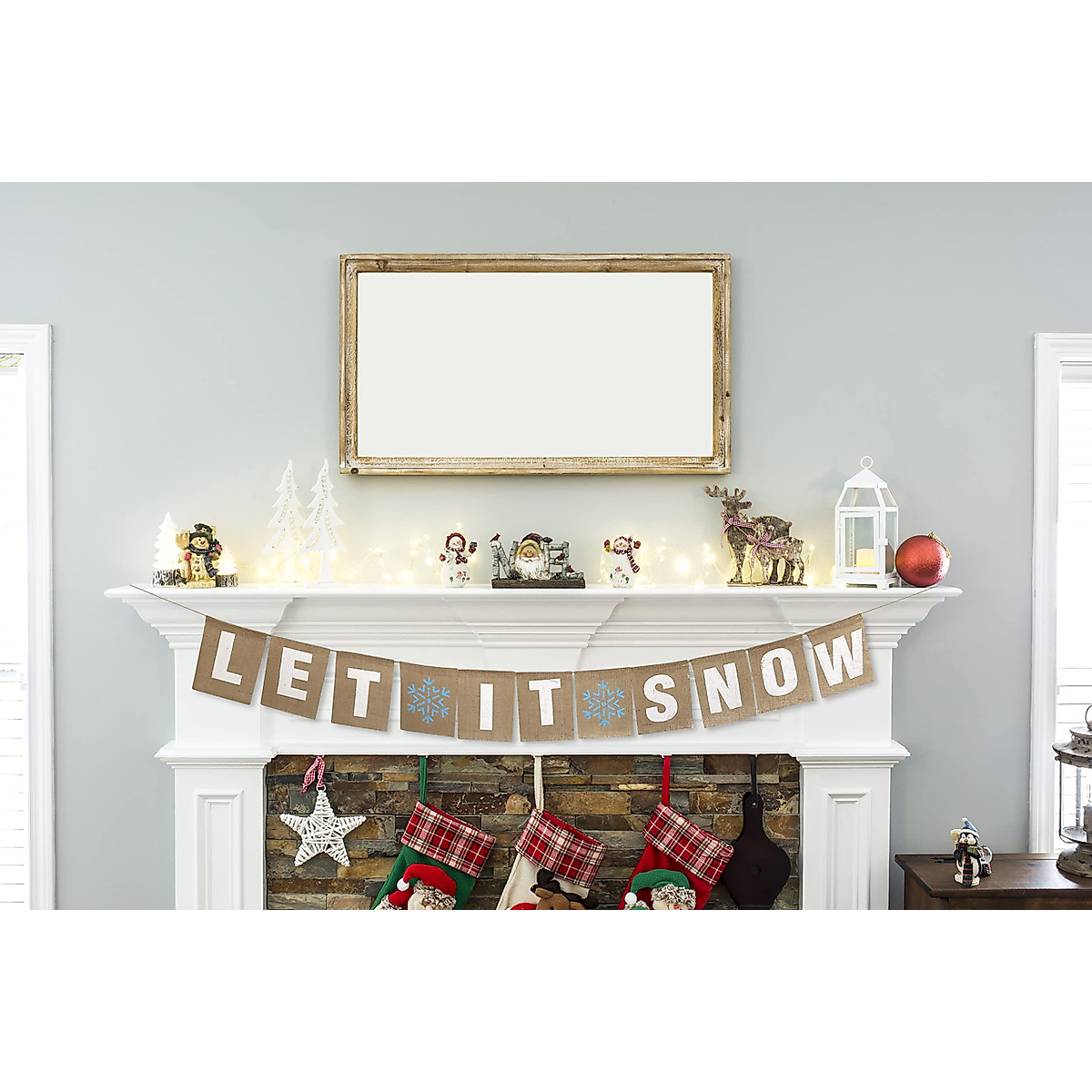 Let It Snow Christmas Banner - Ready to Hang Holiday Decor - Festive Burlap Seasonal Winter Decoration - Frozen Theme Party Decorations - Rustic Snowflake Bunting Garland by Jolly Jon