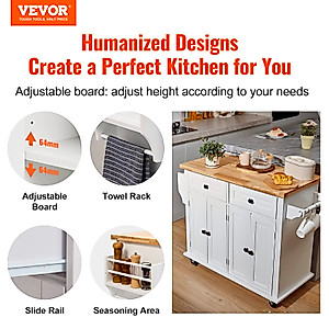 VEVOR Kitchen Island Cart with Solid Wood Top, 35.4" Width Mobile Carts with Storage Cabinet, Rolling Kitchen Table with Spice Rack, Towel Rack, and Drawer, Portable Islands on Wheels, White