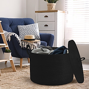 HONCESTA 18" X 14" Large Black Basket with Lid, Cotton Rope Storage Basket for Blanket, Toy, Pillow, Towel, Living Room Bedroom Storage Bin, Wicker Woven Basket, All Black Organizing Basket with Cover