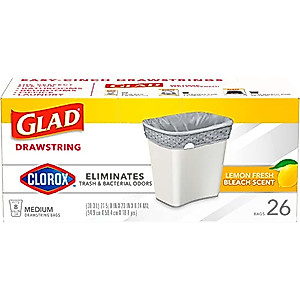 Glad Medium Drawstring Trash Bags with Clorox, 8 Gallon, Lemon Fresh Bleach Scent, 26 Count