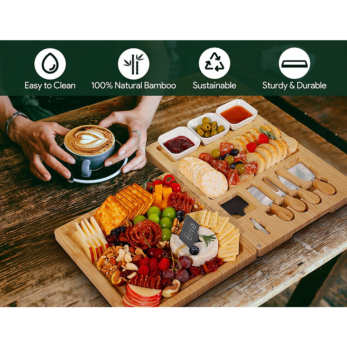 Easoger Bamboo Charcuterie Boards and Knife Set, 3 in 1 Magnetic Extra Large Cheese Board with 3 Bowls, Wedding Gifts, House Warming Gifts for Couples