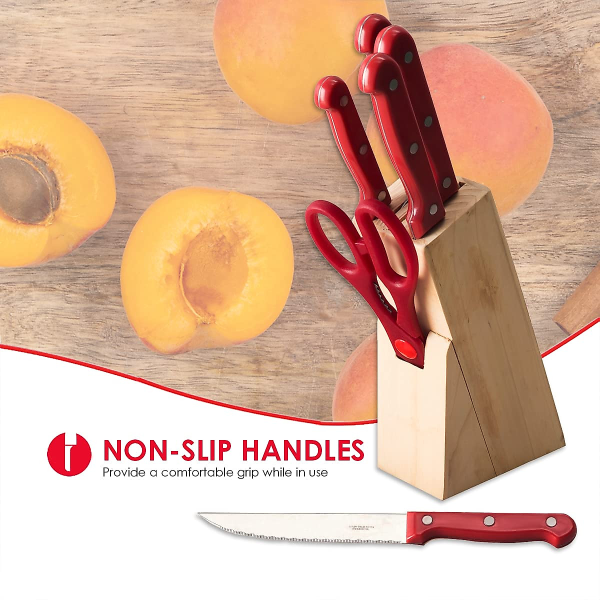 Home Basics 7 Piece Knife Set, Red | Wooden Block Included for Storage | Comfortable Grip | Non-Slip Handles | Bright Red | Heavy Duty Stainless Steel