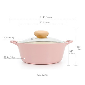 Neoflam Retro 3qt Non-Stick Ceramic Coated Stockpot with Integrated Steam Vent, Silicone Hot Handle Holder Included, Saute Pot, Casserole, Dutch Oven, 3-QT w/Glass Lid, Pink