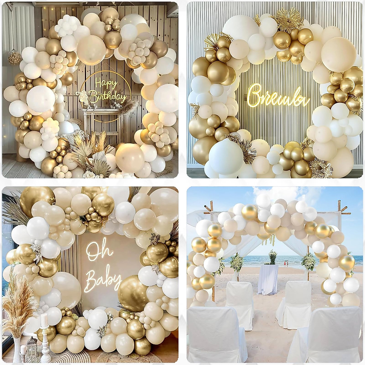 Archloon White Sand Gold Balloons Garland Arch Kit,192PCS White Nude Balloons with Metallic Chrome Gold Latex Balloons for Birthday Decorations