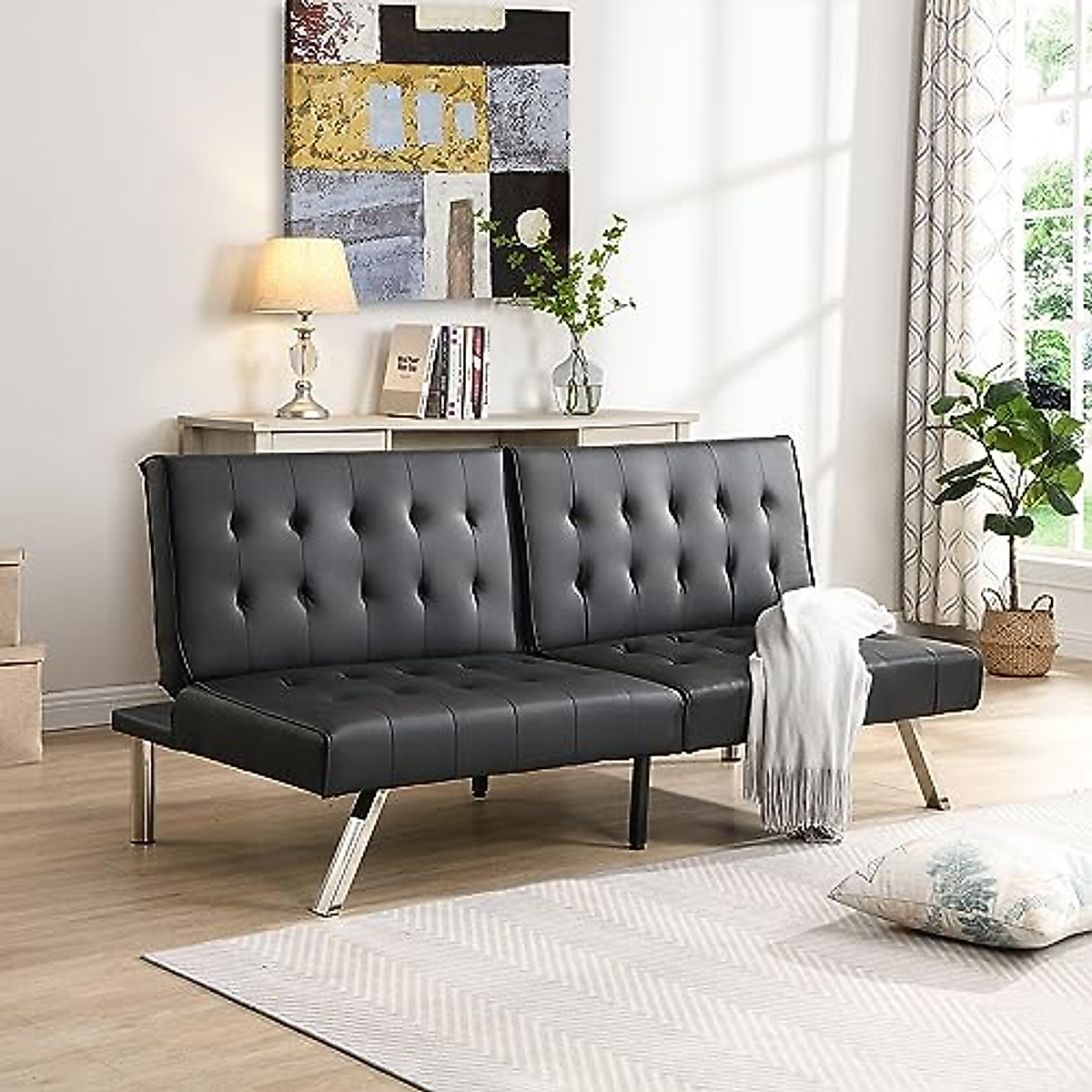 Penifun Convertible Folding Futon Sofa Bed Sleeper Couch for Living Room PU Leather Upholstered Loveseat, Solid Wood Frame/Stainless Leg, Black