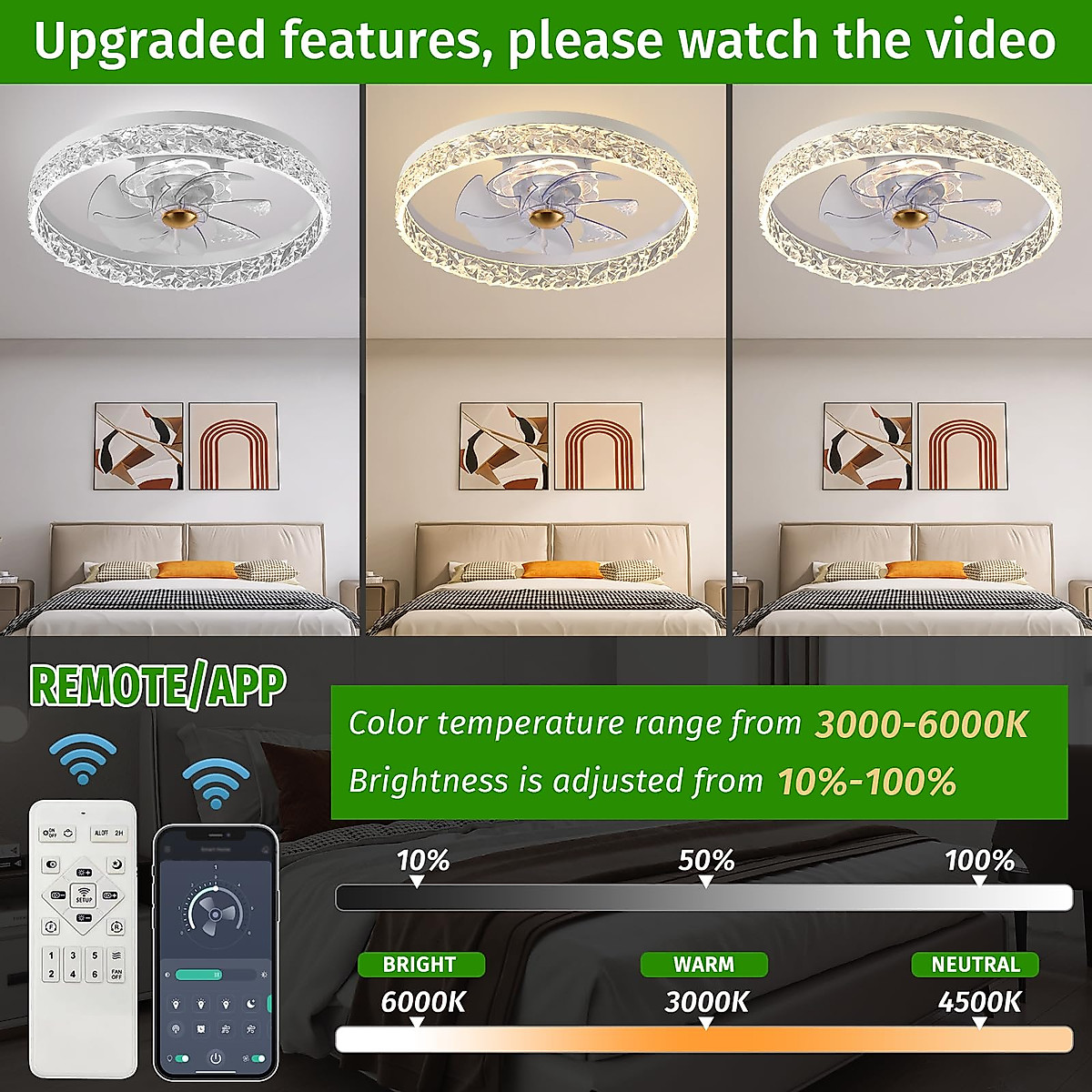 Feqwgny 2023 Upgraded Ceiling Fan 4111 White Ceiling Fans with Lights App & Remote Control, 6 Wind Speeds Modern Ceiling Fan, Timing & 3 Led Color Led Ceiling Fan for Bedroom, Small Room