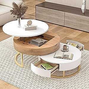 Modern Round Lift-top Nesting Coffee Tables with 2 Drawers, Wood Cocktail Table Center Table with Metal Pedestal & Concealed Storage Compartment for Living Room (Oak Natural Wood + Antique White-74)