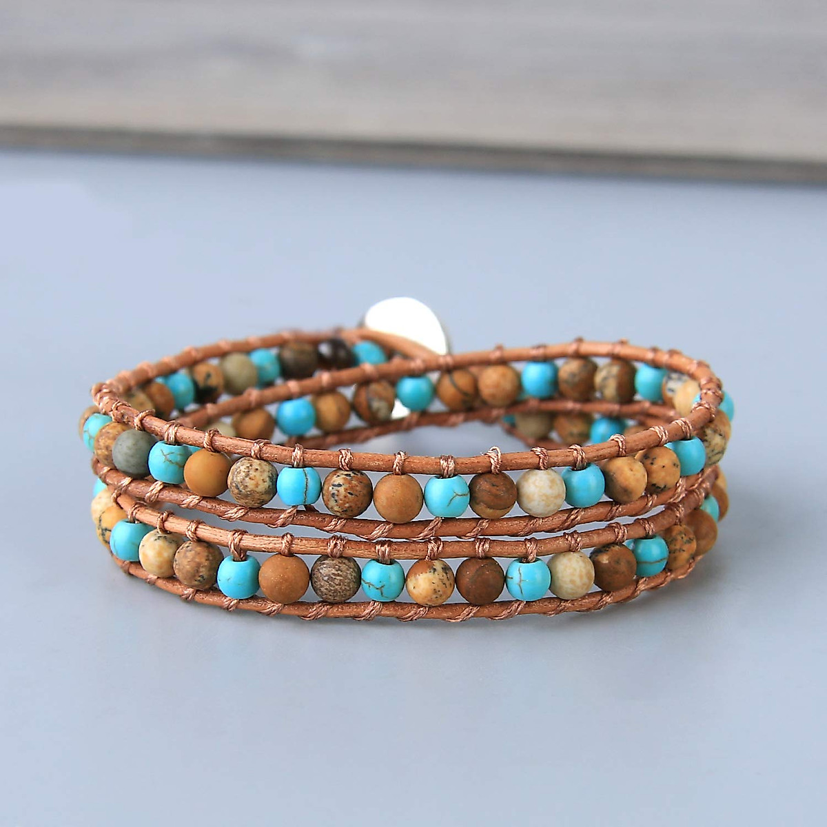 KELITCH Turquoise Leather 2 Wrap Bracelet Tiger Eye Bangle Bracelet Boho Leather Cuff Jewlry