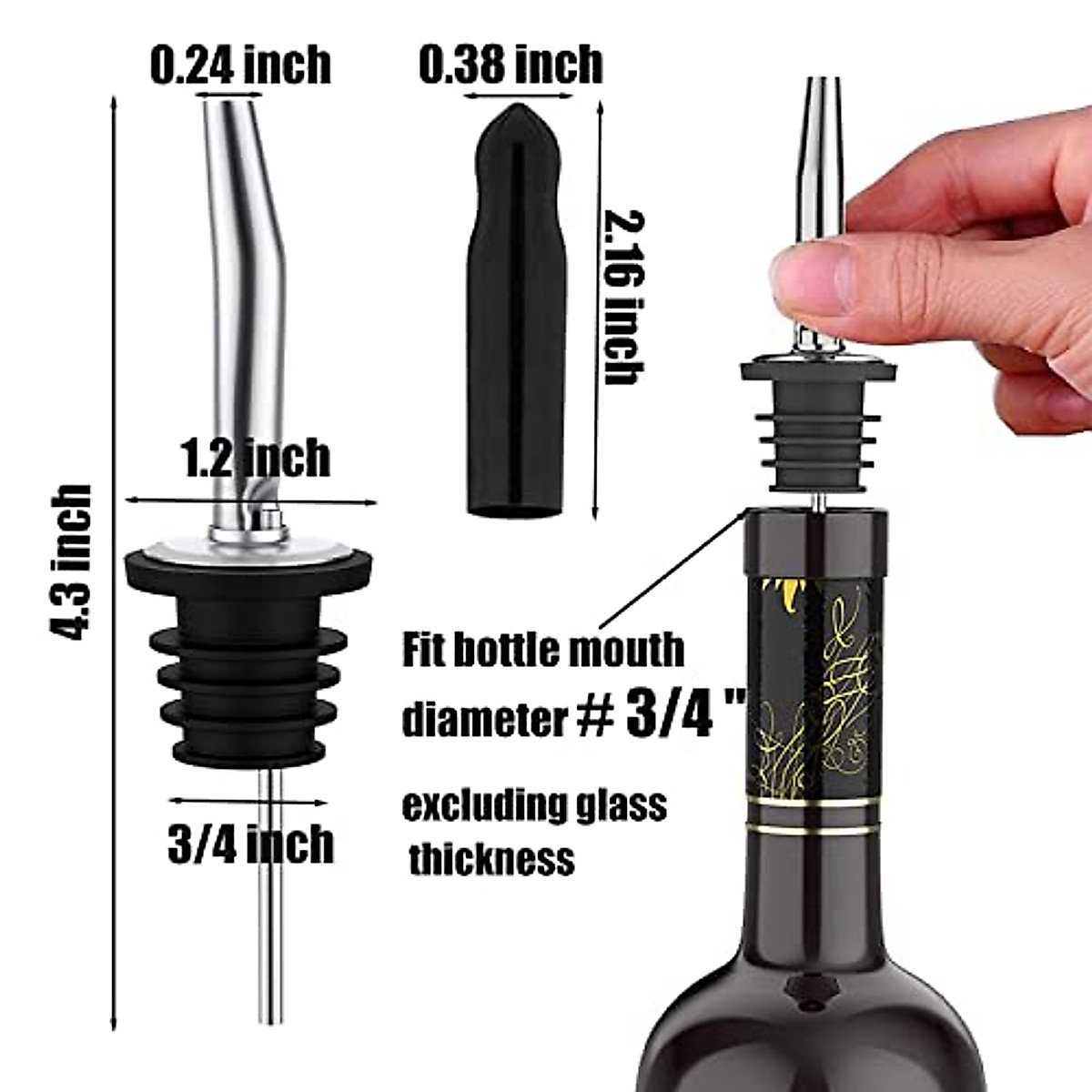 10 Pack Liquor Bottle Pourers, Stainless Steel Pour Spouts with Long Dust Caps Covers, Seal Pour Spout and Air Vent Tube, Hygienic, Dishwasher Safe.