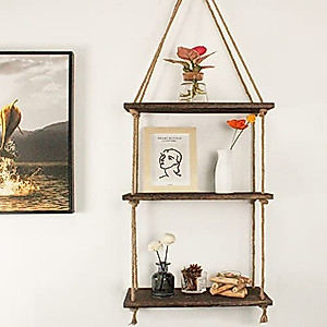 Iwaiting Outdoor Hanging Shelves for Wall, 3 Tier Antique Wood Floating Hanging Shelf with Handmade Twine Weaving Process, Suitable for Bedroom Living Room Bathroom Hanging Window Plant Shelves Decor