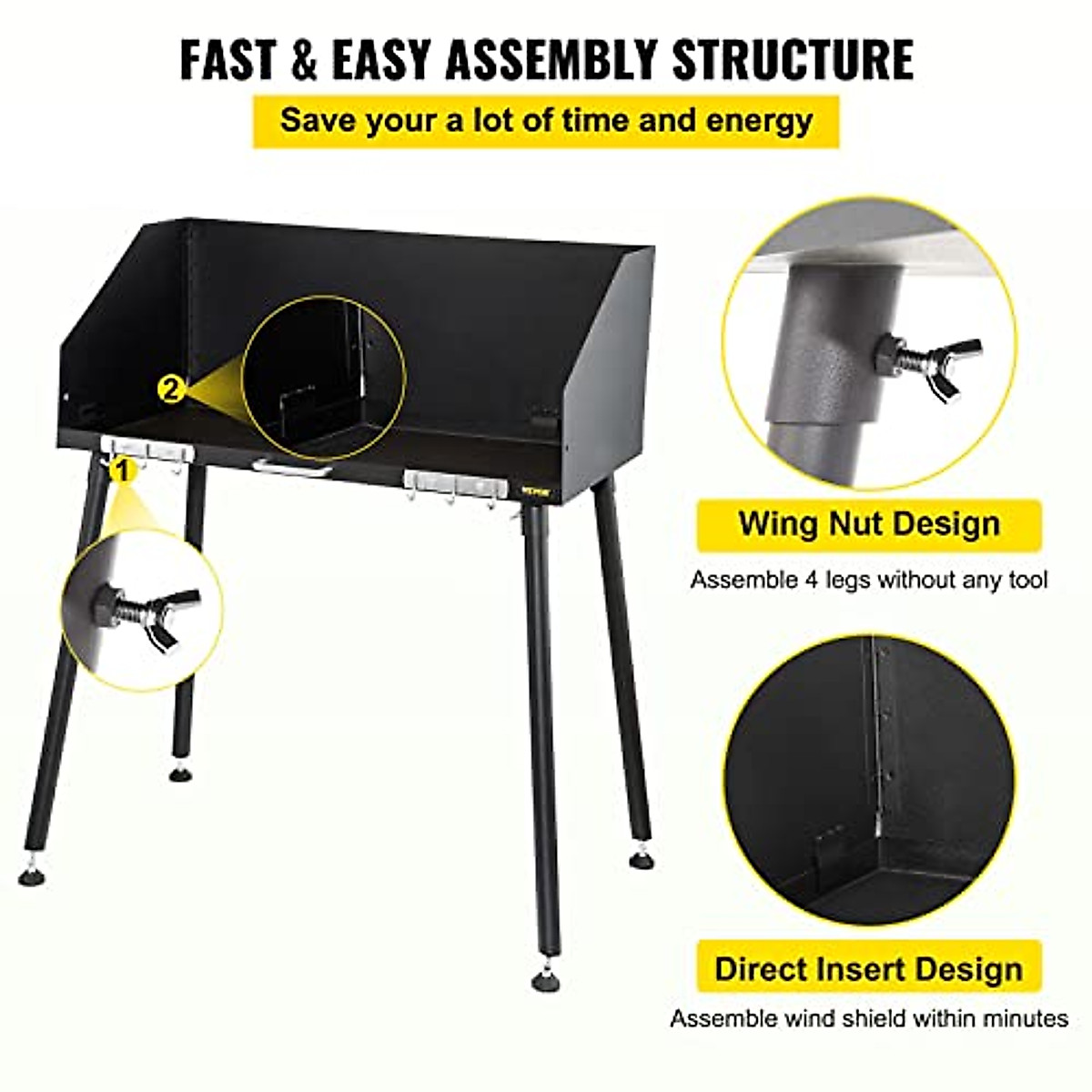 VEVOR Carbon Steel Camp Cooking Table 38 x 16 Inch with Three-Sided Windscreen and Legs for Outdoor Food Preparation and Dutch Oven