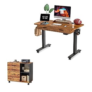 FEZIBO Height Adjustable Desk with 2 Drawers Storage and 3-Drawer Mobile File Cabinet