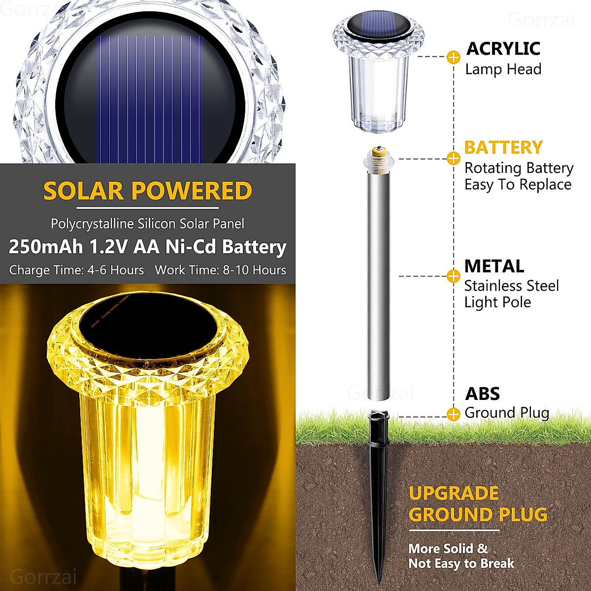 Gorrzai Solar Lights Outdoor 15 Pack Solar Pathway Lights LED Waterproof Stainless Steel Garden Stake for Yard, Outside, Walkway, Sidewalk, Driveway, Lawn (Warm White)