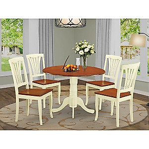 East West Furniture DLAV5-BMK-W 5 Piece Kitchen Table Set for 4 Includes a Round Dining Room Table with Dropleaf and 4 Solid Wood Seat Chairs, 42x42 Inch, Buttermilk & Cherry