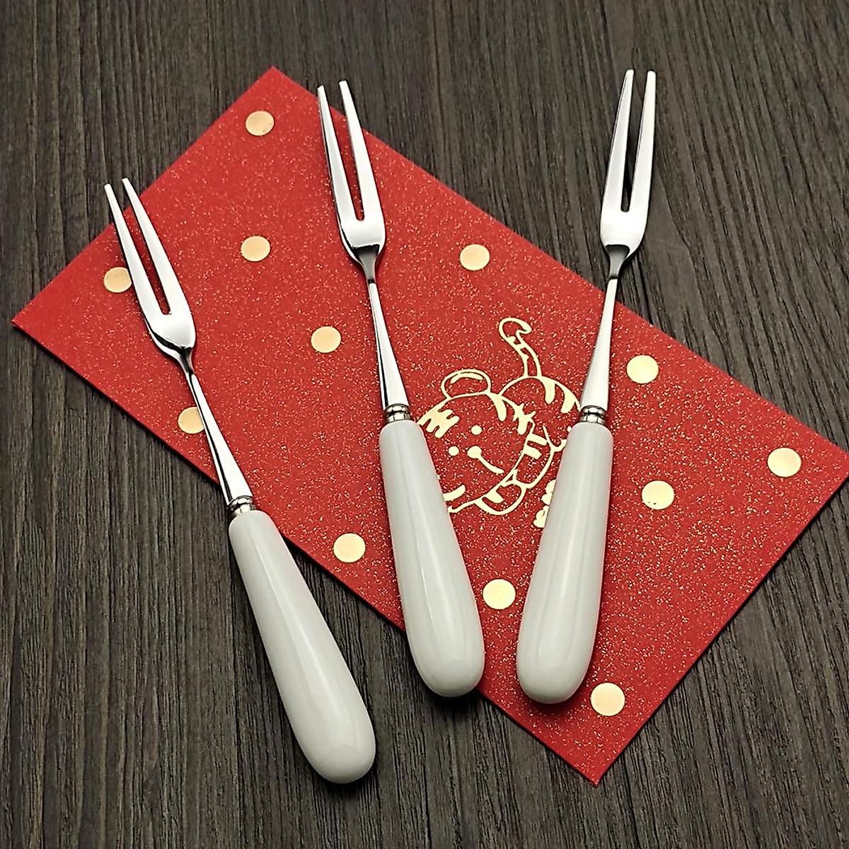 Fruit fork Appetizer Dessert Forks Mini Forks 18/10 Stainless Steel Dessert Teaspoons 8 Packs (Creative Handle material Ceramics) for Party,Banquet,Cocktail, (Set of 8) SUS304