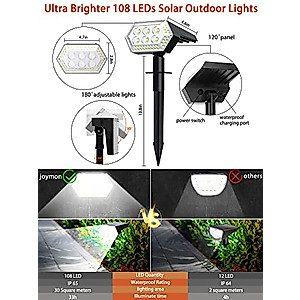 Joymon Solar Outdoor Lights, 108LED Solar Landscape Spotlights Lighting, 2-in-1 Waterproof Garden Solar Lights Outdoor Spot Lights for Yard Pathway Driveway Porch Patio Wall (Cold White/4 Pack)