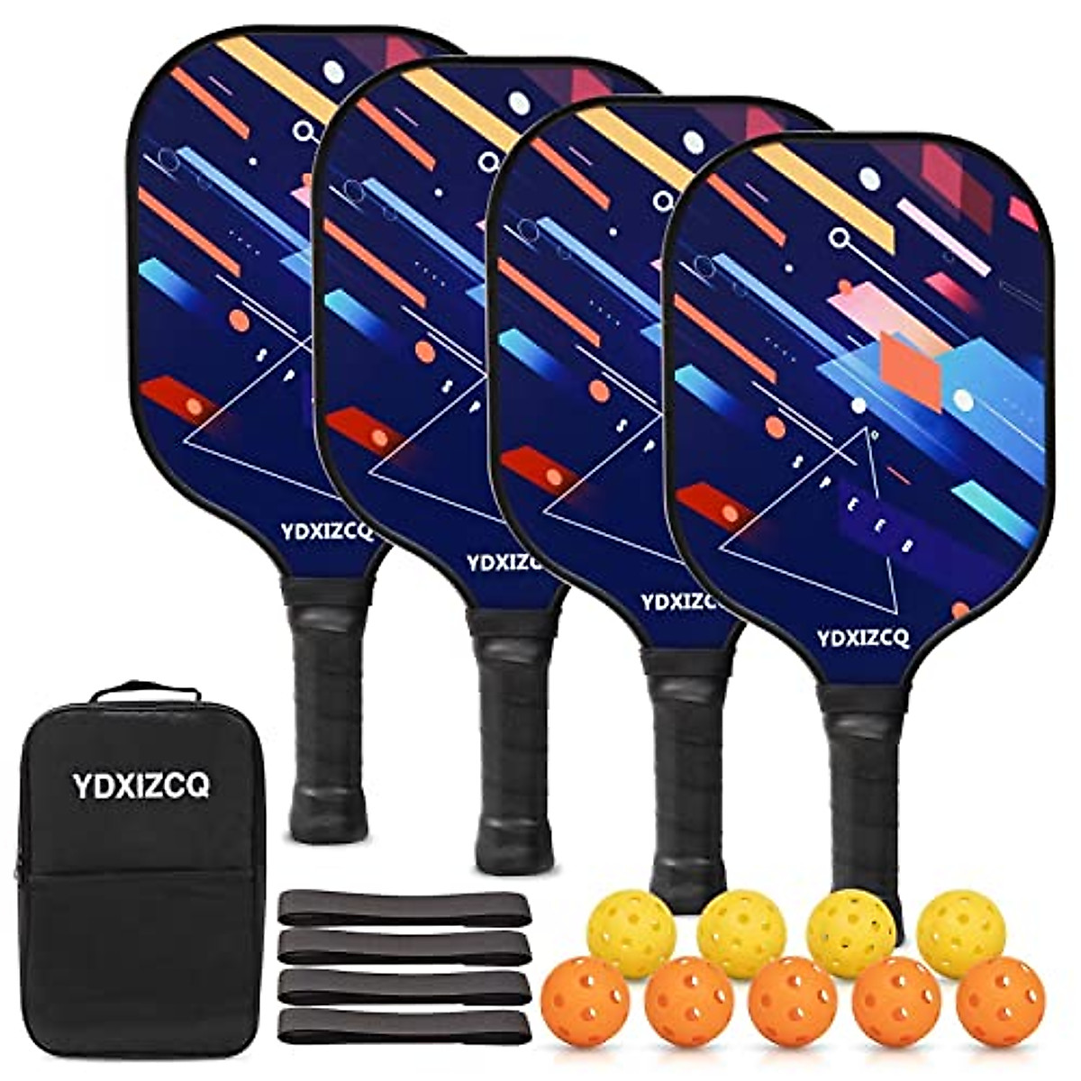 YDXIZCQ Pickleball Paddles,Fiberglass Surface Pickleball Paddles Set of 4,5 Orange Indoor Balls,4 Yellow Outdoor Balls,4 Replacement Soft Grips,1 Carrying Bag,Pickleball Paddle Gifts for Men Women