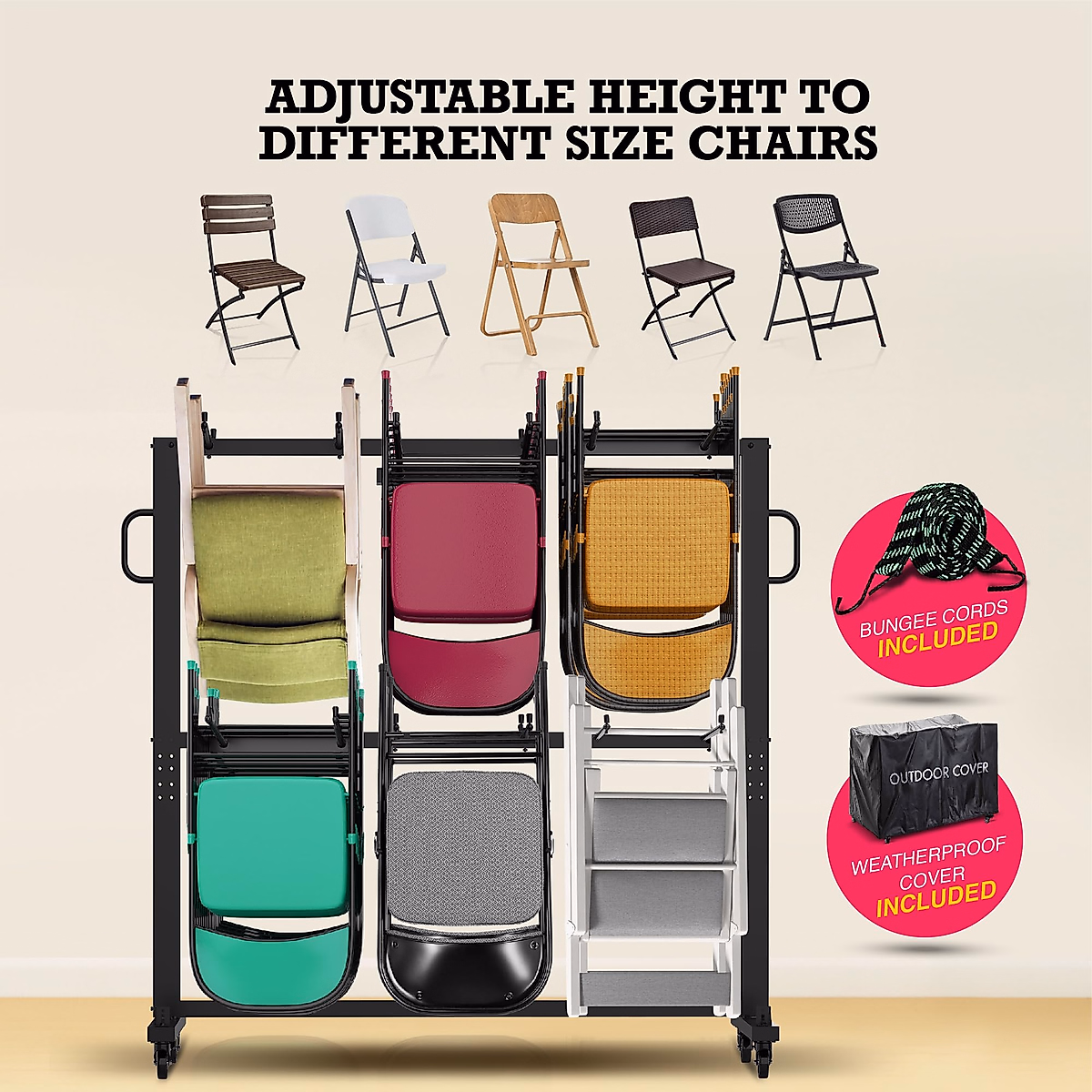 Folding Chair Rack - Folding Chair Cart | Folding Chair Storage Rack on Wheels - Foldable Chair Holder and Table - Heavy Duty Chair Dolly | Mobile Trolley with 84 Chairs Capacity & Outdoor Cover