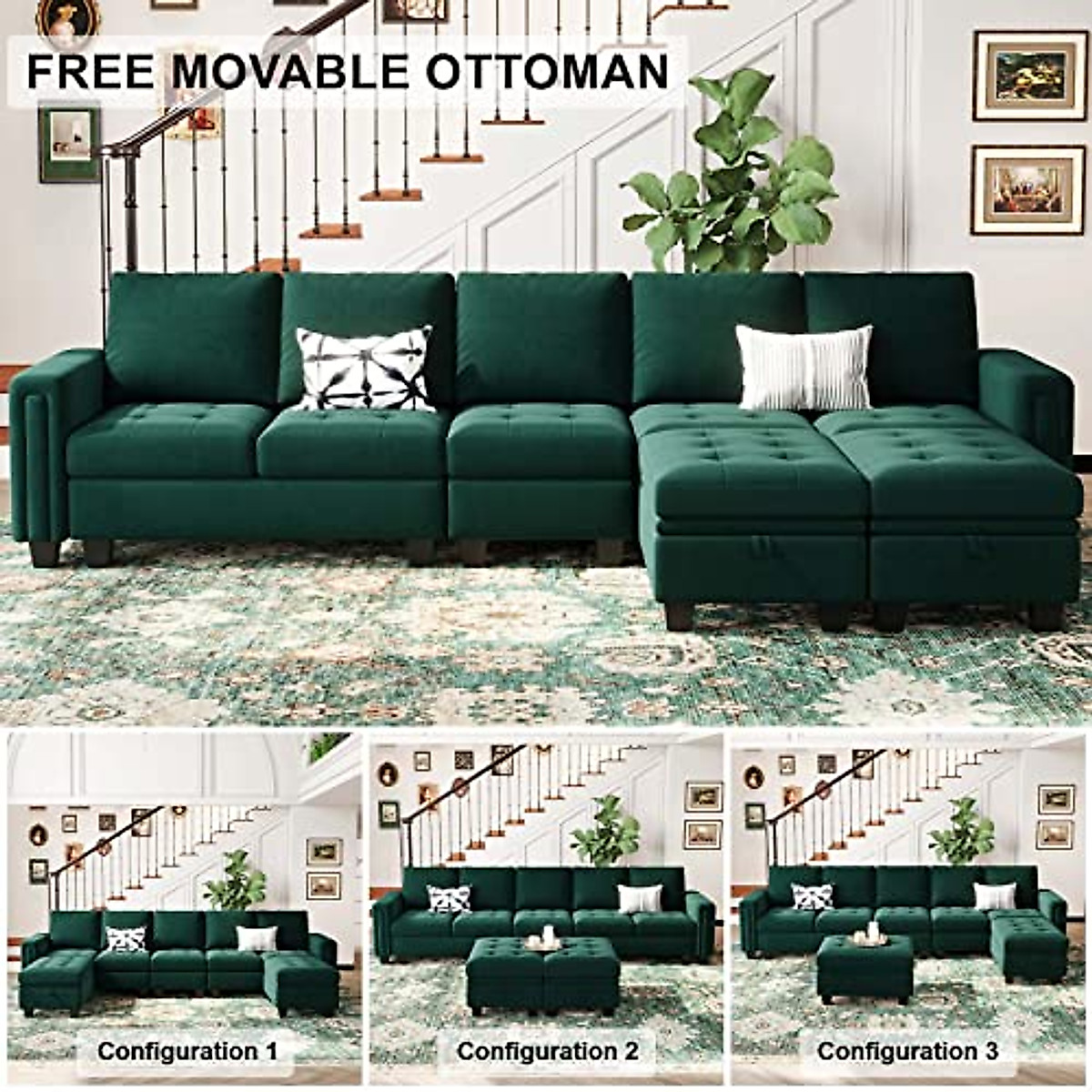 Belffin Large Velvet L Shaped Sectional Sofa Couch with Reversible Double Chaises Modular Sectional Sofa Couch with Storage Ottomans Convertible Sectional Sofa Green