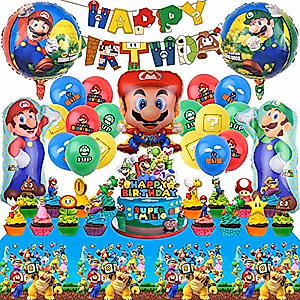 Mario Birthday Party Supplies, Birthday Decorations Set Include Banner Balloons Cake Cupcake Toppers Tablecloth for Boys Girls Video Game Theme Party