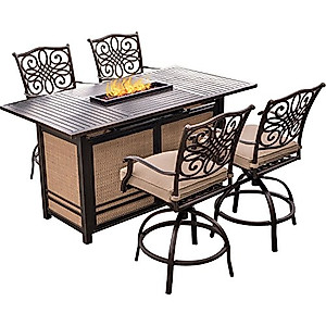 Hanover Traditions 5-Piece High-Dining Patio Set with 4 Tall Counter-Height Swivel Chairs and Rust-Free Aluminum Slat 30,000 BTU Rectangular Fire Pit Table, Modern Weather Resistant Outdoor Furniture