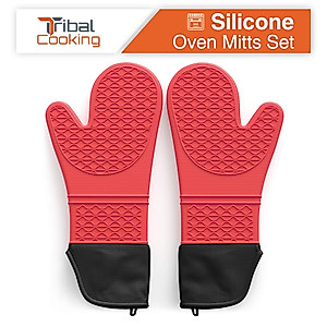 Tribal Cooking Extra Long Oven Mitts - Silicone Oven Mitt Set - Heat Resistant Mittens and Pot Holders - Silicone Kitchen Baking Gloves - Heat Resistance to 500 Degrees, Non Slip, Double Layered