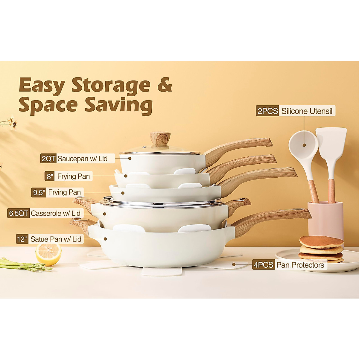 SENSARTE Nonstick Ceramic Cookware Sets, Pots and Pans Set Nonstick, 14 Pcs Induction Kitchen Cookware Sets, 100% Non-toxic Healthy Non Stick Cooking Set, PFAS PTFE PFOA PFOS Free