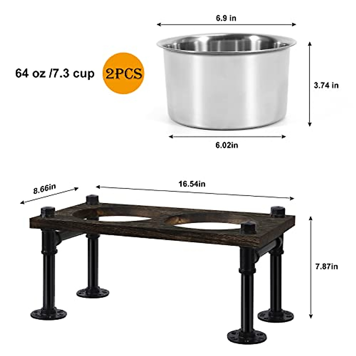 Elevated Dog Bowls Raised Dog Bowl Stand for Large Dogs Farmhouse Dog Food and Water Stand Feeder with 2 Stainless Steel Bowls Waterproof Wood Board Rustic Brown