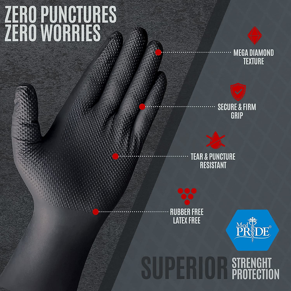MED PRIDE Maxx Strength Nitrile Industrial 8 Mil Thick 100 Gloves/XX-Large - Diamond Texture Disposable Safety- Heavy-Duty, Tear-Resistant Mechanic Automotive Food Handling Gloves- Black