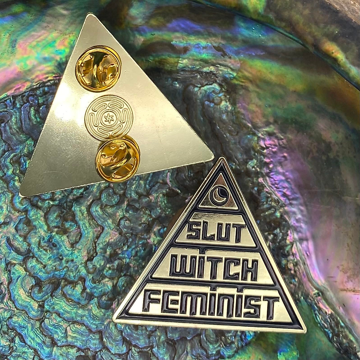 ADHD Witchery. Slut Witch Feminist Antique Brass Huge 2 Inch Pin Enamel Pin. Stamped with Sigil of Hecate On Back. Made For Witchy, Slutty, Freaks & Lovers. Wiccans, Pagans, Trans Witches, Queer Witches, Bi Witches, Intersectional Feminist Activists, Plea