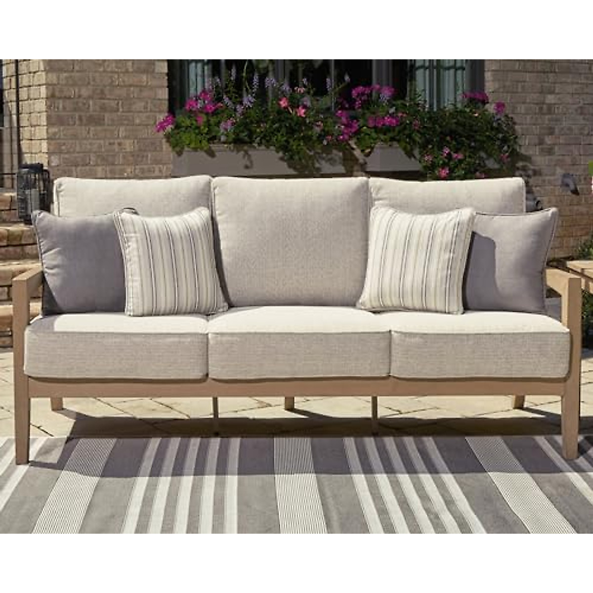 Signature Deisgn by Ashley Hallow Creek Outdoor Sofa with Cushion, 76" W x 36" D x 37" H, Light Brown & Beige