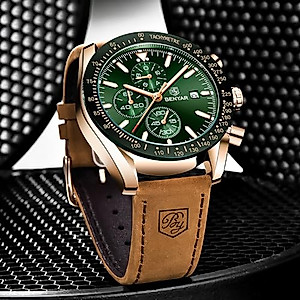 BY BENYAR Men's Watches Analog Quartz Waterproof Watch Sport Leather Watch for Men Fashion Elegant Chronograph Casual Wristwatch（Green）