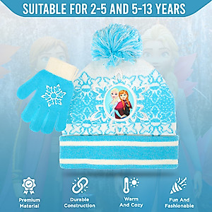 Disney Frozen Girls and Toddler Beanie Hat and Toddler Snow Gloves, Elsa and Anna Kids Toddler Winter Hat with Snow Gloves