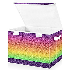 Krafig Rainbow Glitter Decorative Storage Box with Lid Large Bins Baskets Foldable Cube Organizer Collapsible Containers for Organizing, Toy, Home, Shelf, Closet