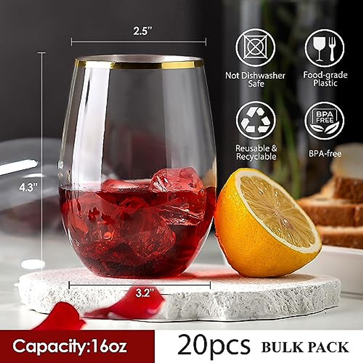 ROIMEE VONT 20 Pack 16oz Plastic Stemless Wine Glasses Disposable Heavy Duty Unbreakable Clear Plastic Wine Glasses Recyclable Shatterproof Reusable Plastic Red/White Wine Cups for Parties Weddings