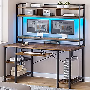 SEDETA Computer Desk, 55" Gaming Desk with LED Lights and Hutch, Computer Desk with Storage Shelves, Keyboard Tray & Monitor Stand, Home Office Desk, Gamer Desk PC Table, Rustic Brown