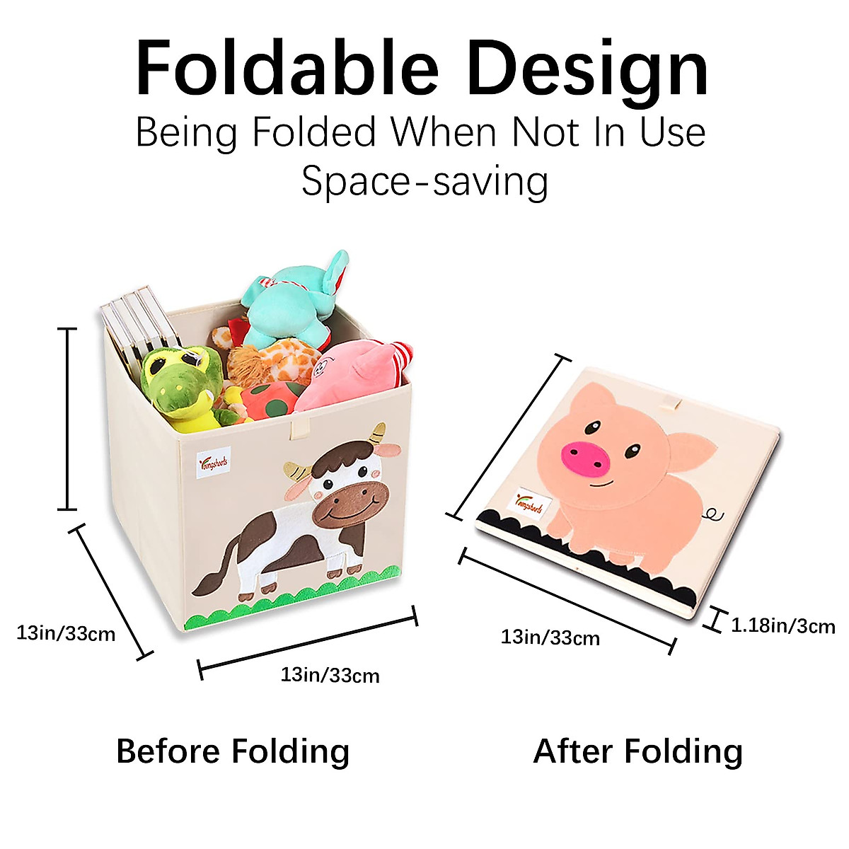 2PCS 13x13x13 Storage Cube Bins, LIOUCBD Foldable Toy Storage Bins Boxes Chests, Water Proof Canvas Storage Bin for Toys Clothes Dolls Books (Cow & Pig)
