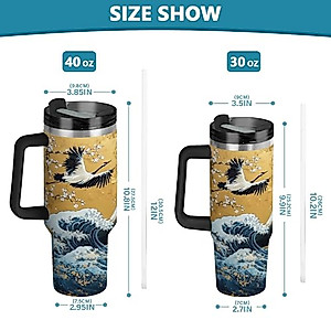 Flradish 40oz Tumbler with Handle, Grus Japonensis Stainless Steel Tumbler with Lid and Straws Double Wall Vacuum Insulated Leakproof Coffee Travel Mug