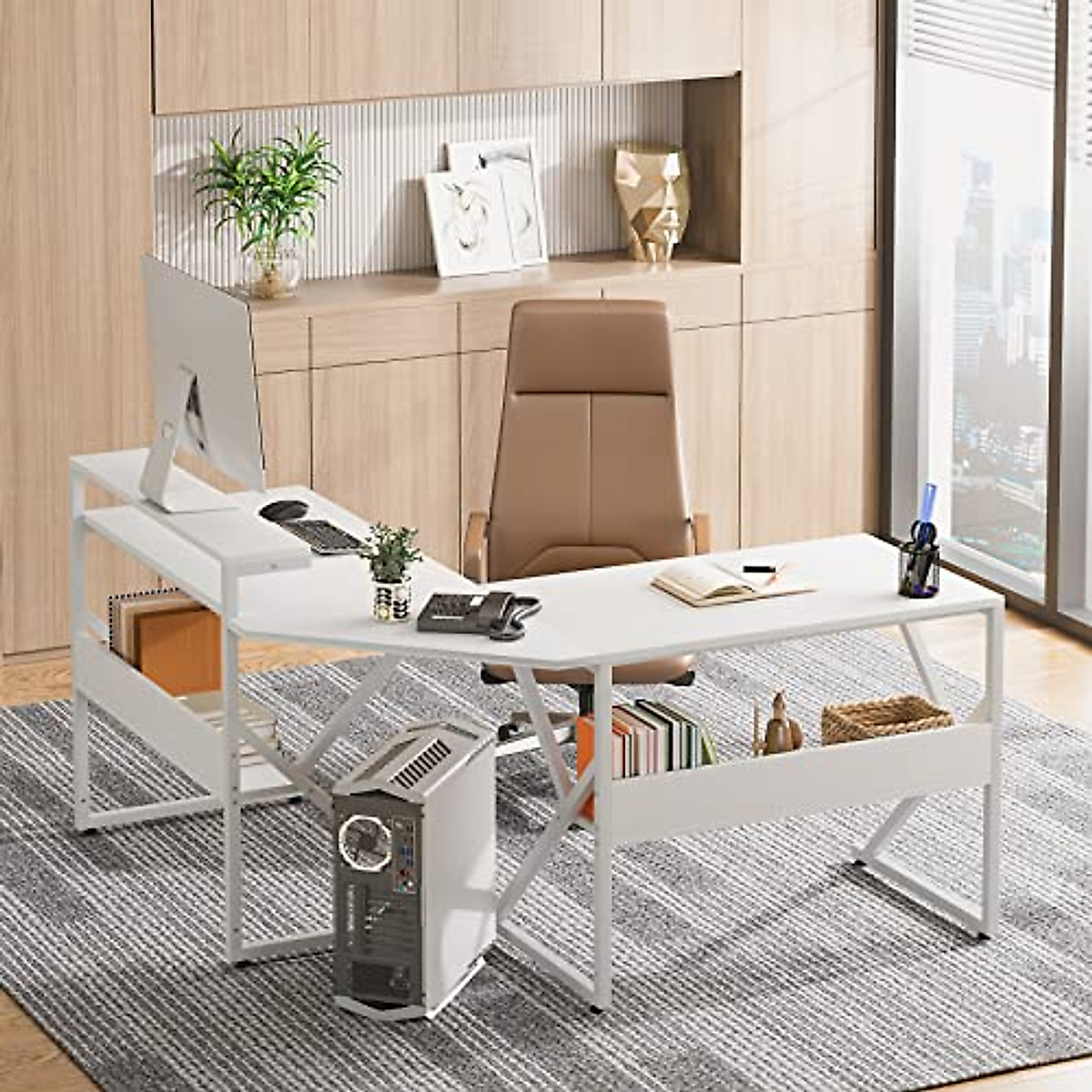 Tribesigns L Shaped Desk with Storage Shelves, 63 inch Industrial Corner Computer Desk with Monitor Stand, Study Writing Table Workstation for Home Office, White