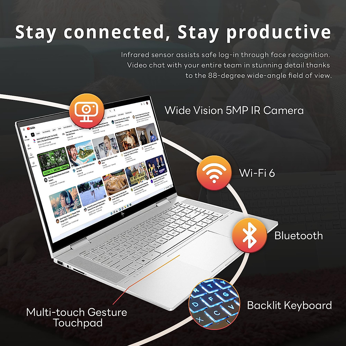 HP Envy x360 2-in-1 15.6” FHD Touchscreen Laptop, Intel core i7-1260P, 64GB RAM, 4TB PCIe SSD, Backlit KB, HD Webcam, Intel Iris Xe Graphics, Wi-Fi, Bluetooth, Win 11 Pro, Silver, 32GB USB Card