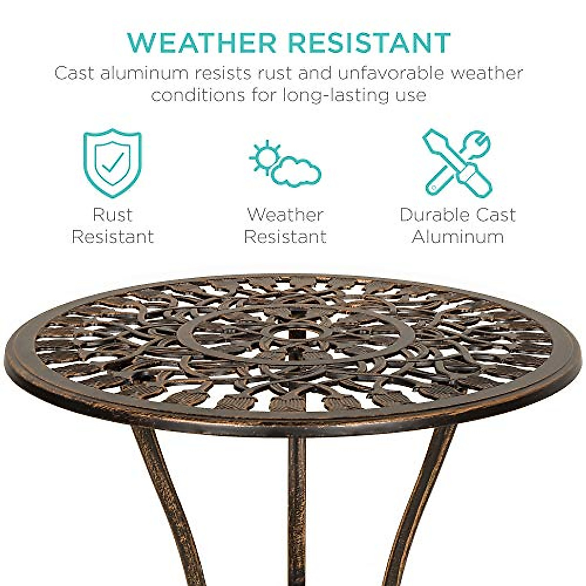 Best Choice Products 3-Piece Outdoor Rust-Resistant Cast Aluminum Patio Bistro Set w/Tulip Design, Antique Finish - Copper