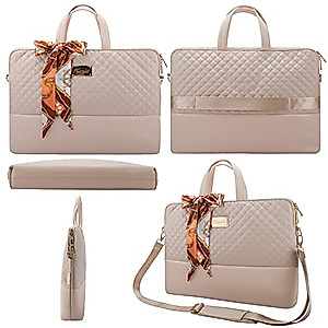 Laptop Bag for Women 15.6-Inch Carrying - Computer Bag Laptop Case Shoulder Slim Work Travel PU Leather (Khaki)