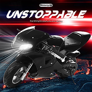 Mini Gas Motorbike-2-Stroke 49cc Gas Tank Mini MotorcycleHigh Brightness Dual Headlights Rubber Handlebar 1.25L Gas Tank Mini Motorcycle Strong Power 170 lbs Mini Bike Motorcycle (black)[Fast Arrival]